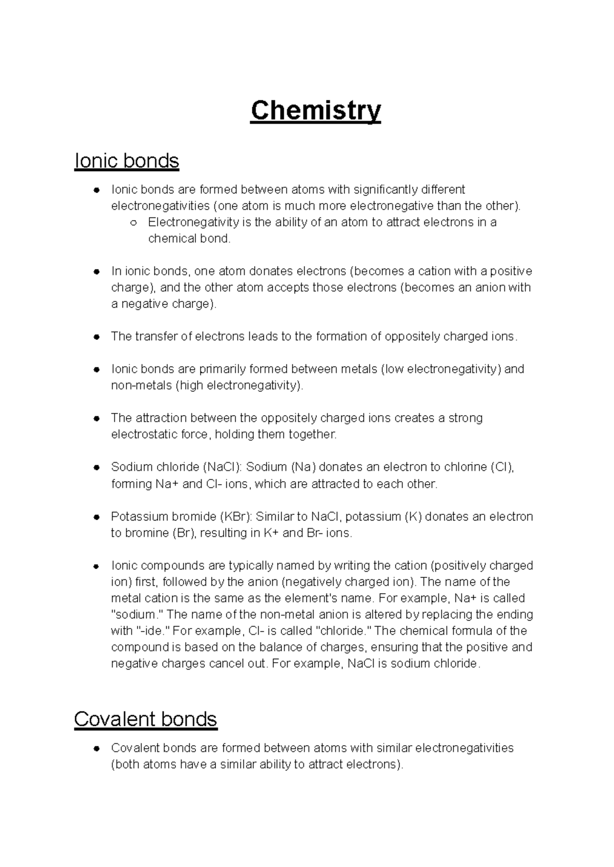 Science Revision Notes - Chemistry Ionic bonds Ionic bonds are formed ...
