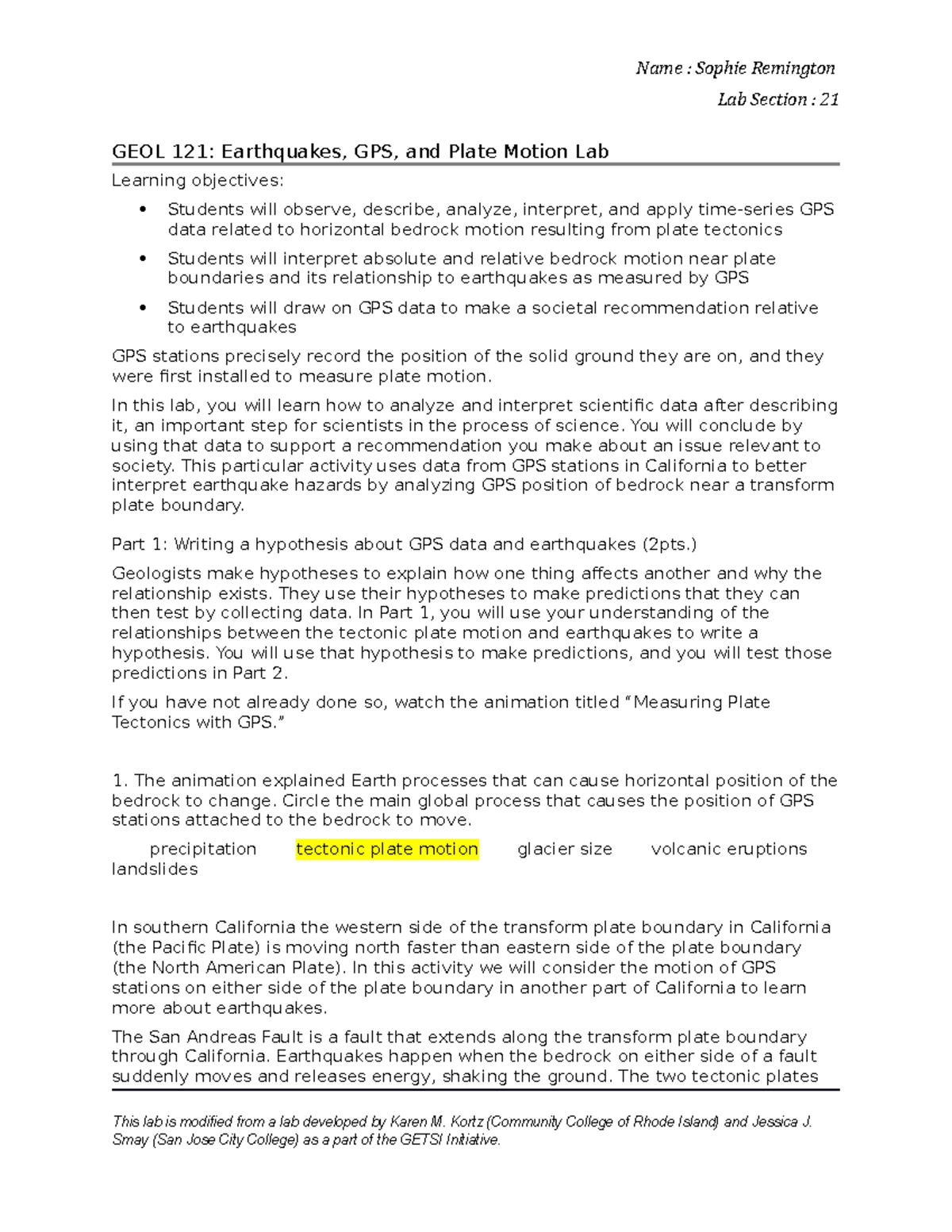 Earthquakes, GPS, and Plate Motion Lab - Student Handout - Name ...