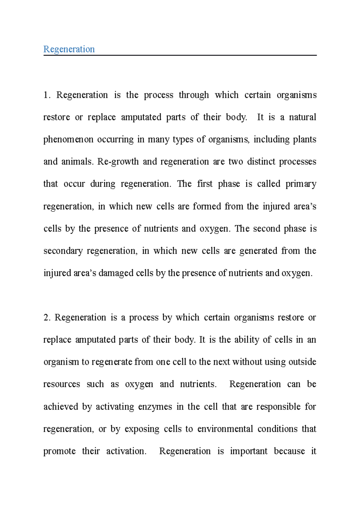 Regeneration - study - Regeneration Regeneration is the process through ...