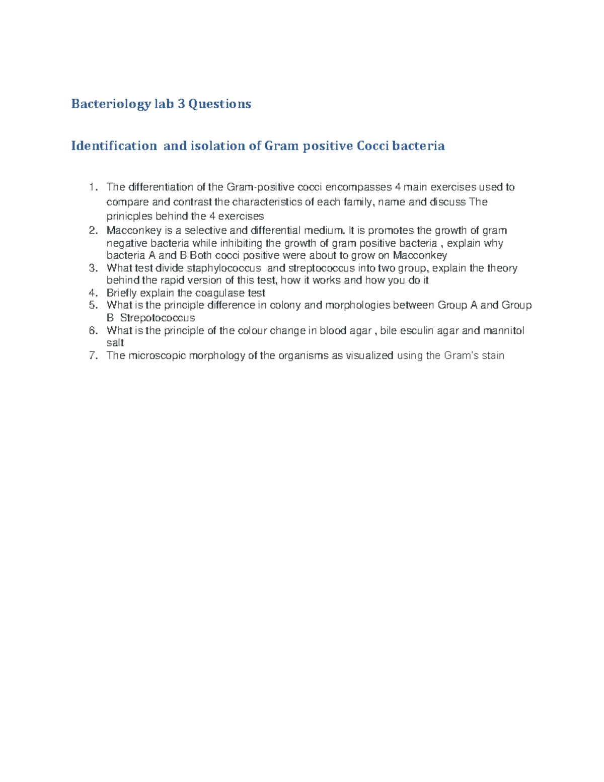 Bacteriology lab 3 Questions - Bacteriology lab 3 Questions Identification and isolation of Gram ...