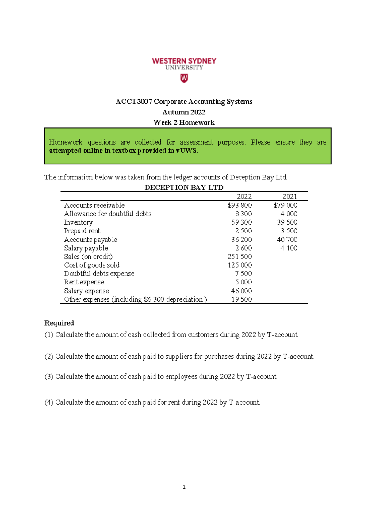 Homework Week 2 - ACCT3007 Corporate Accounting Systems Autumn 2022 ...
