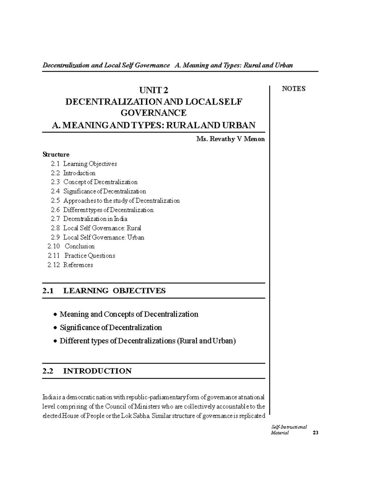 PAI unit 2 - NOTES Self-Instructional Decentralization and Local Self ...