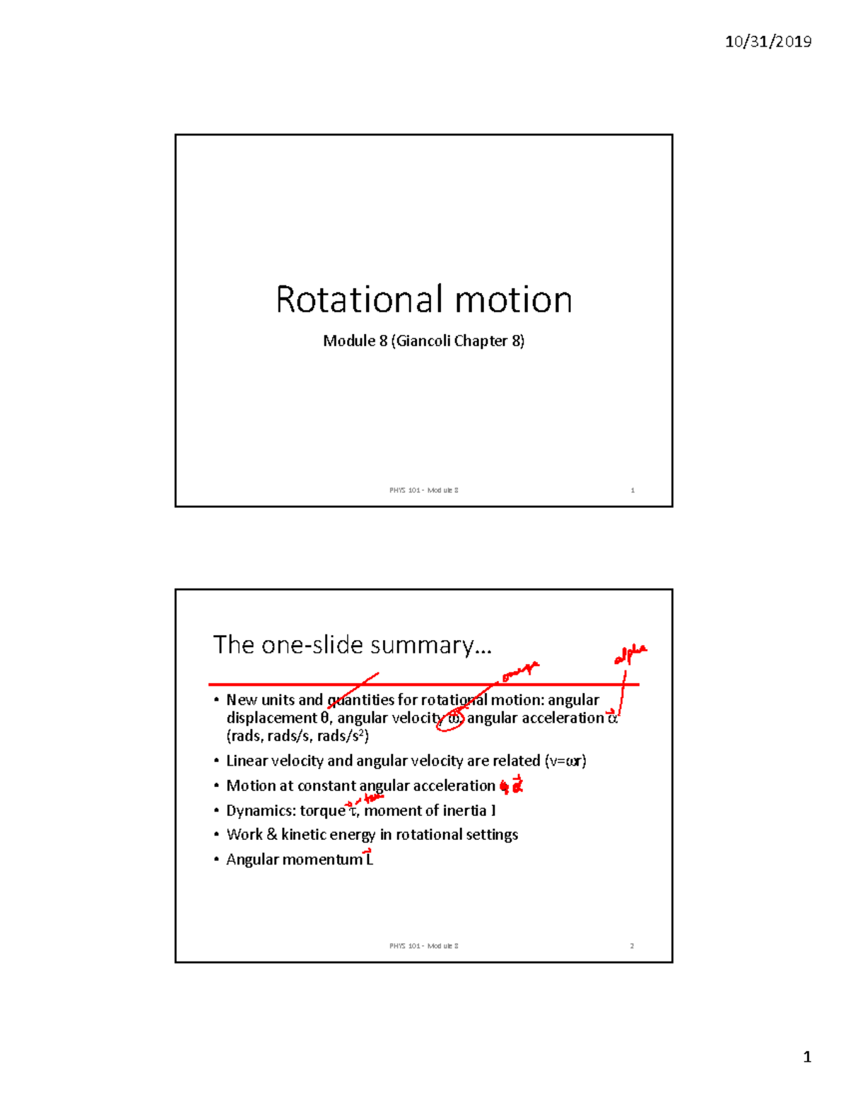Module 8 - Rotational-Motion post lecture - Rotational motion Module 8 (Giancoli Chapter 8) PHYS ...