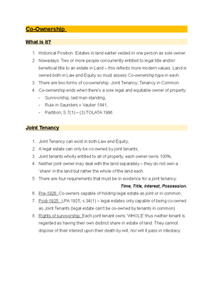Land Law lecture week 4 - Land Law- Lecture Week 4 Co-ownership What is ...