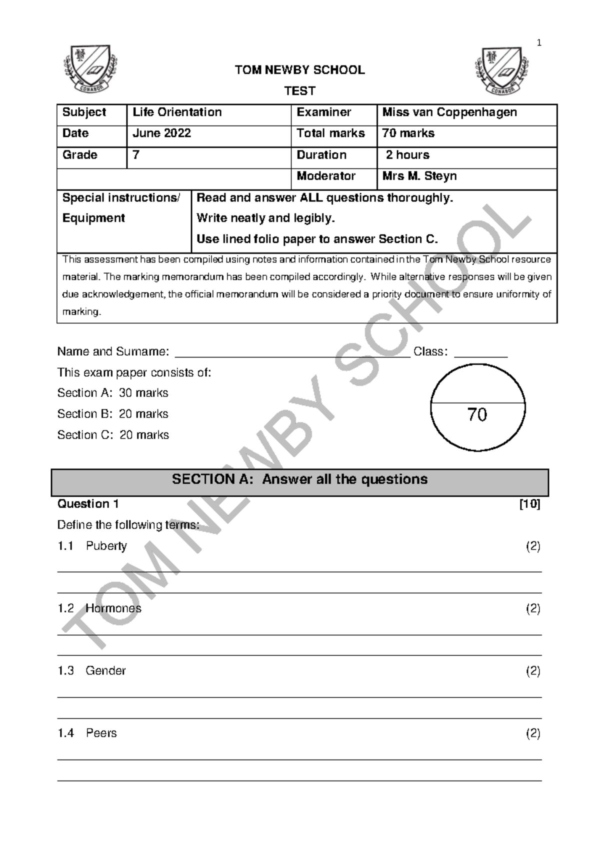 Grade 7 Life Orientation Exam June 2022 - TOM NEWBY SCHOOL TEST Subject ...