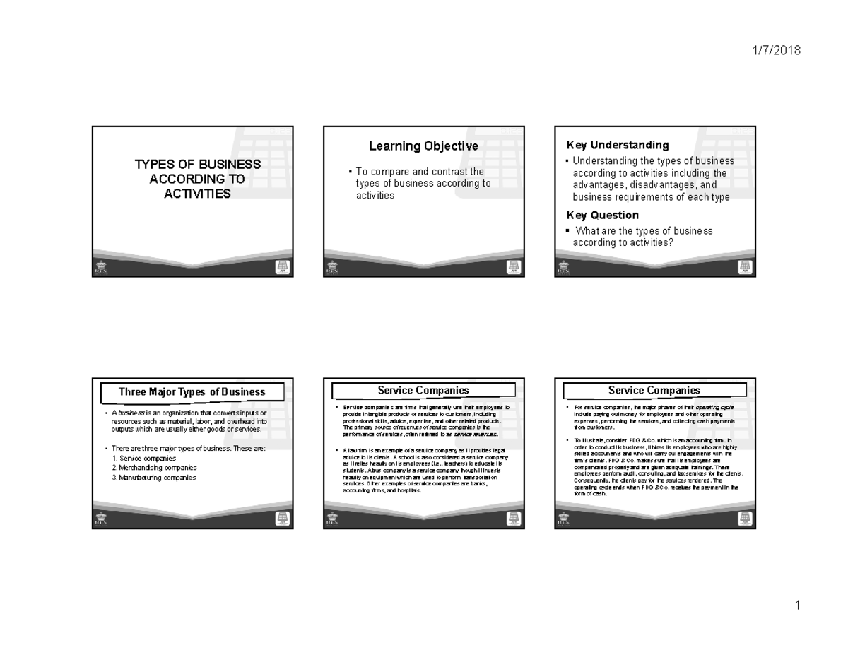 5 handout - 1/7/ 1 TYPES OF BUSINESS ACCORDING TO ACTIVITIES To compare ...