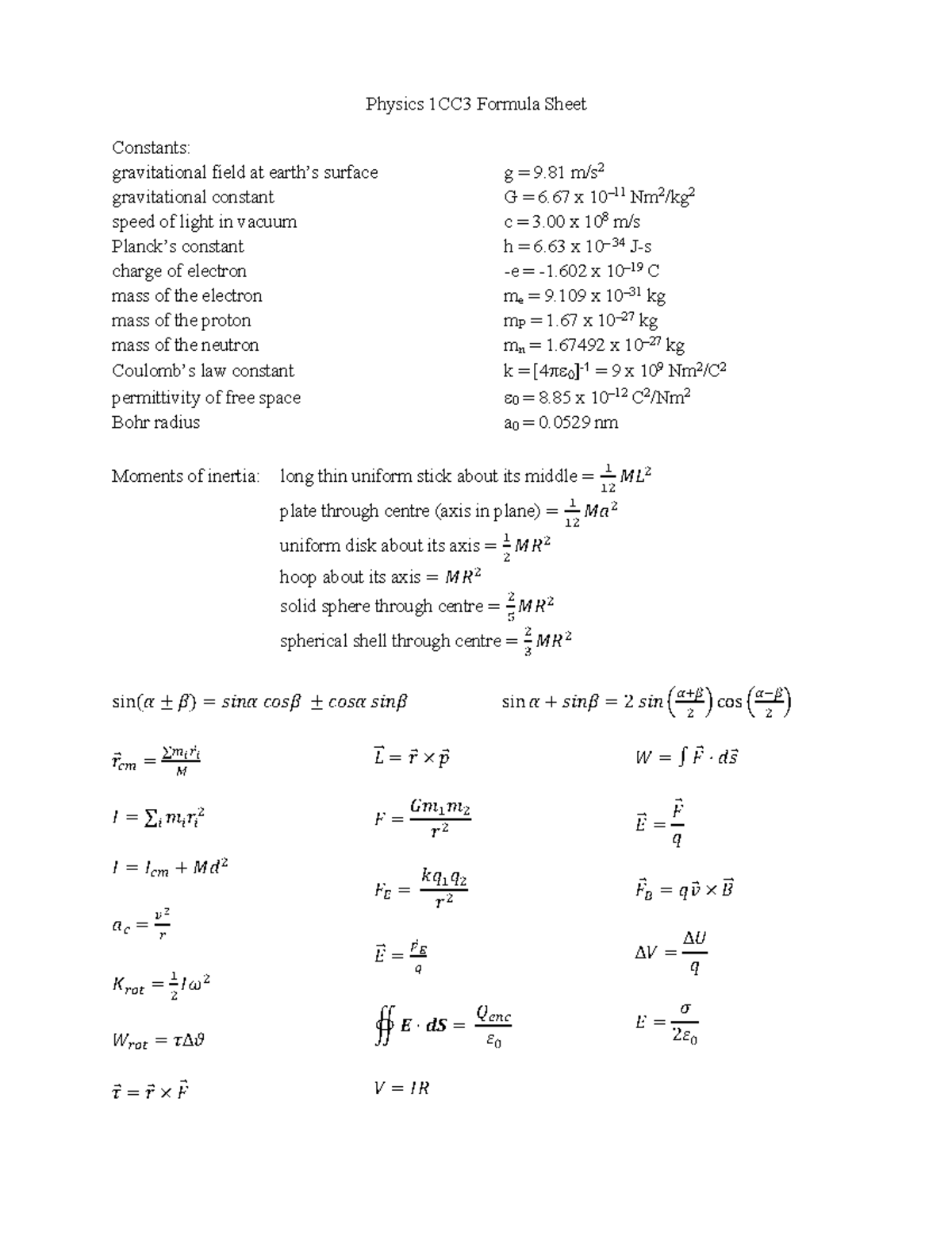 Physics 1CC3 Formula Sheet - Physics 1CC3 Formula Sheet Constants ...