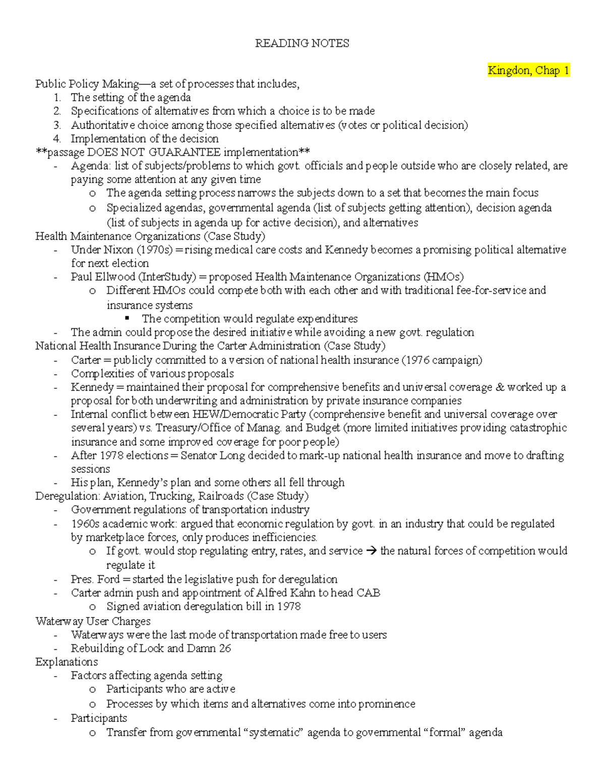 Kingdon Reading Notes - READING NOTES Kingdon, Chap 1 Public Policy ...