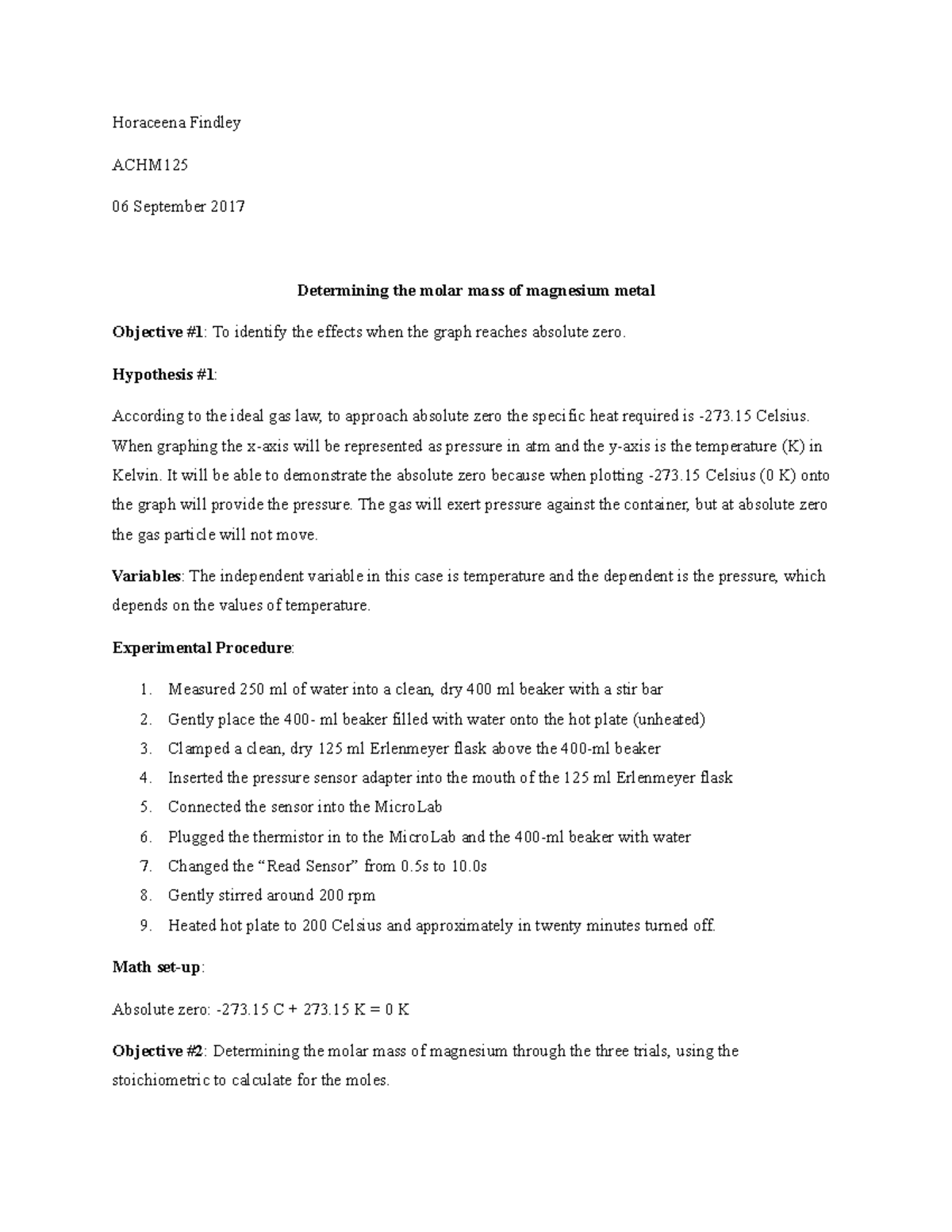 Experiment 12 - General chemistry lab report - Horaceena Findley ACHM ...