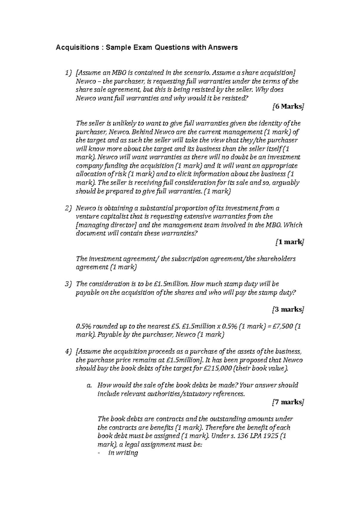 W7 - Sample Questions and Answers - Acquisitions : Sample Exam ...