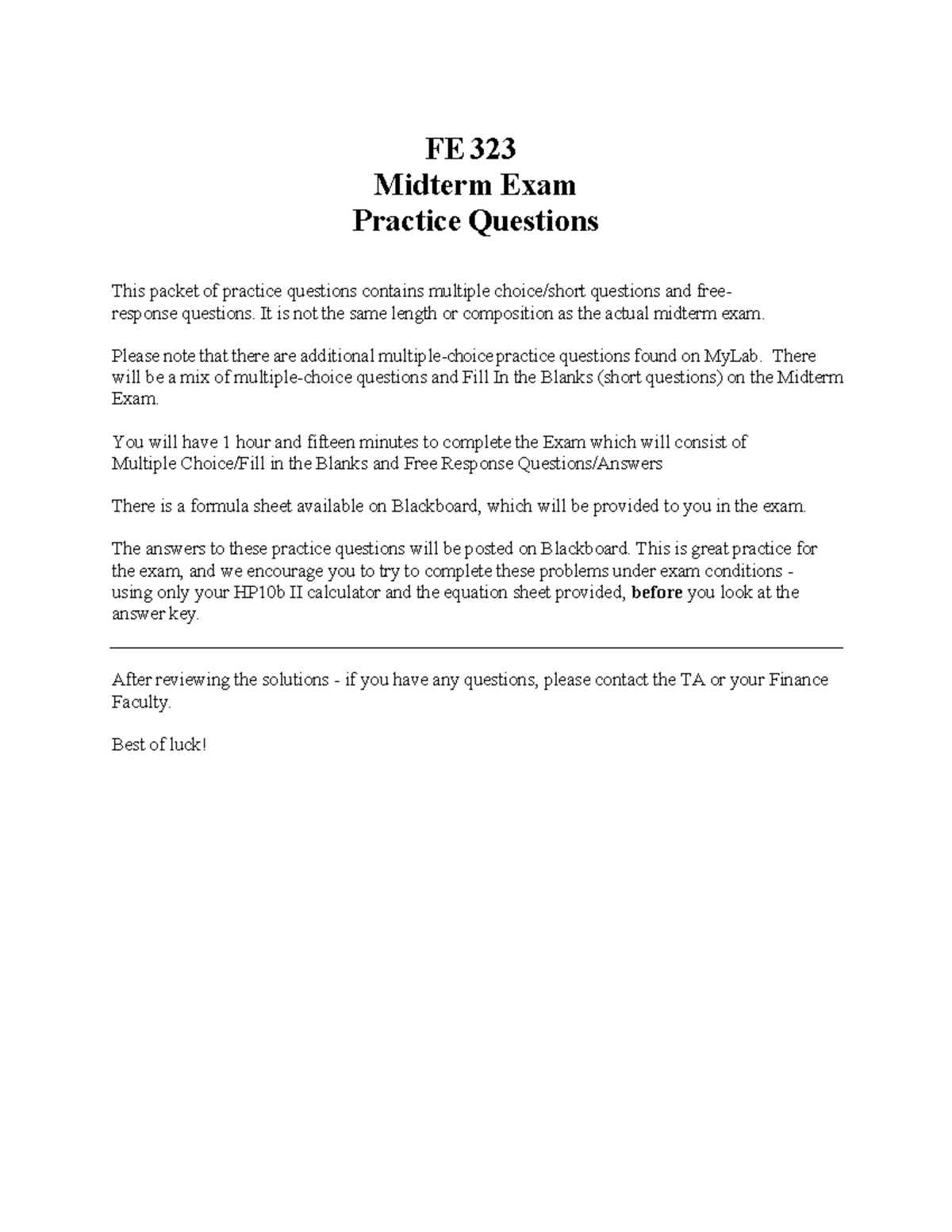 FE323 Midterm - Practice Questions FA2024 - FE 323 Midterm Exam Practice Questions This packet ...