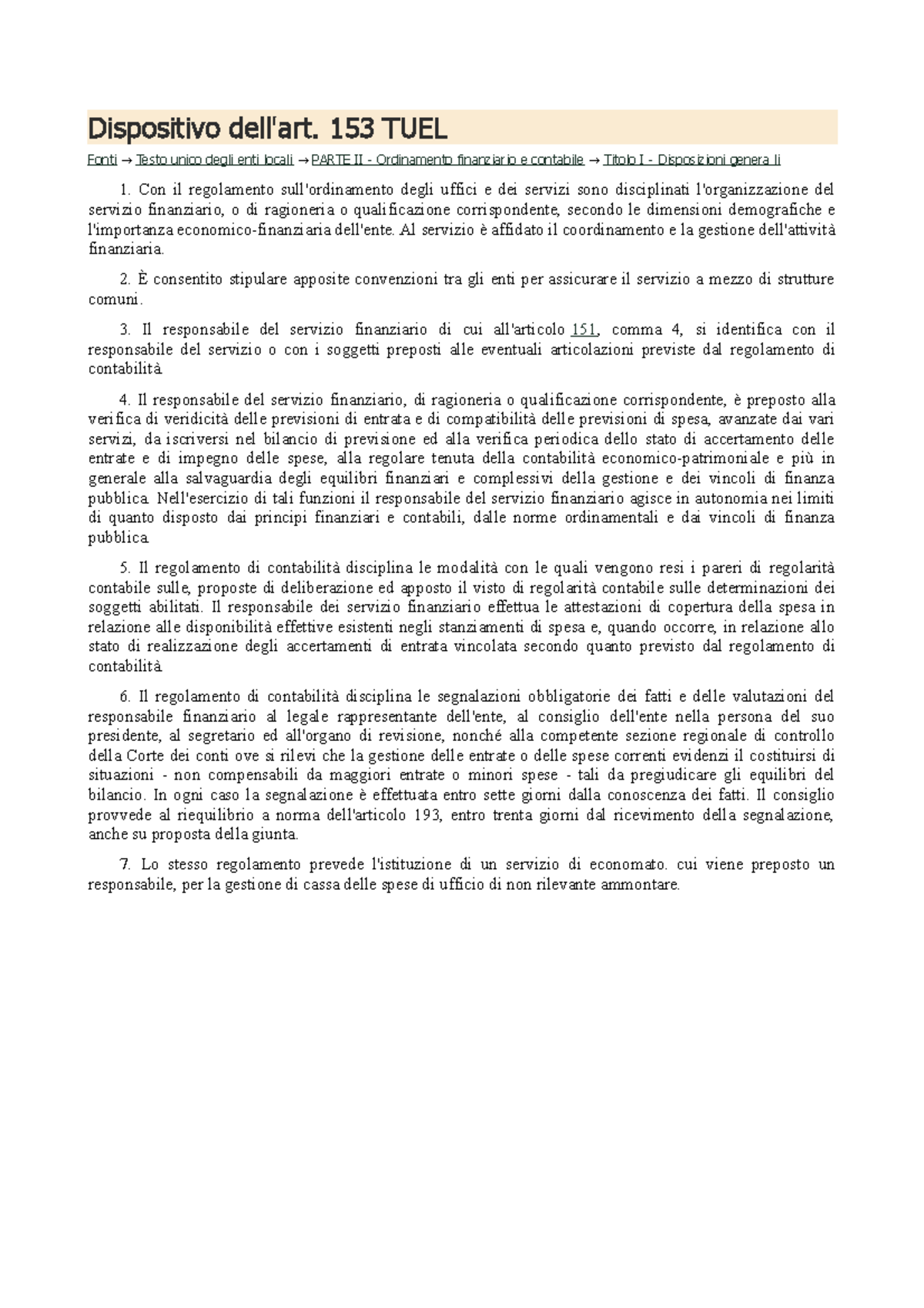 Dispositivo dell - Dispositivo dell'art. 153 TUEL Fonti → Testo unico ...