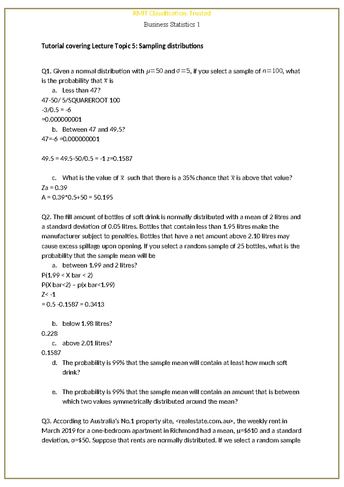 Tutorial Week 6 Covering Topic 5 New Questions Rmit Classification Trusted Business