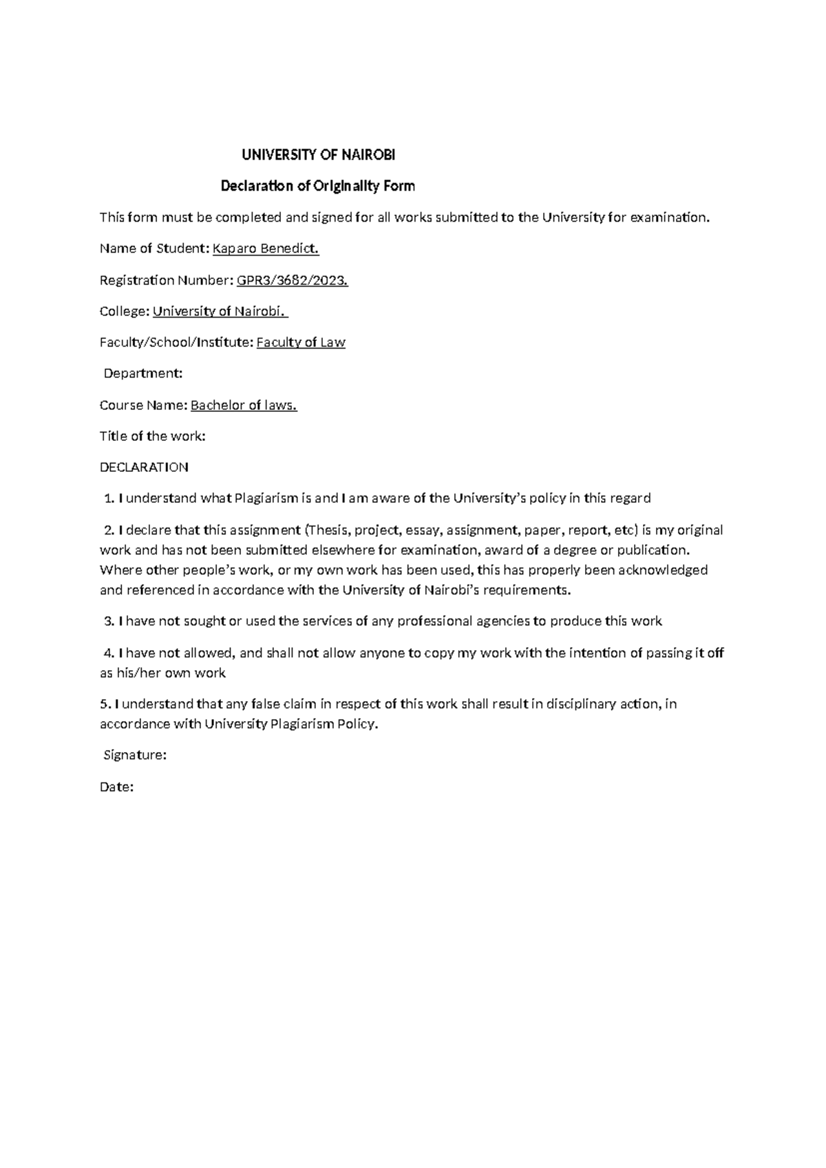 University OF Nairobi - UNIVERSITY OF NAIROBI Declaration of ...