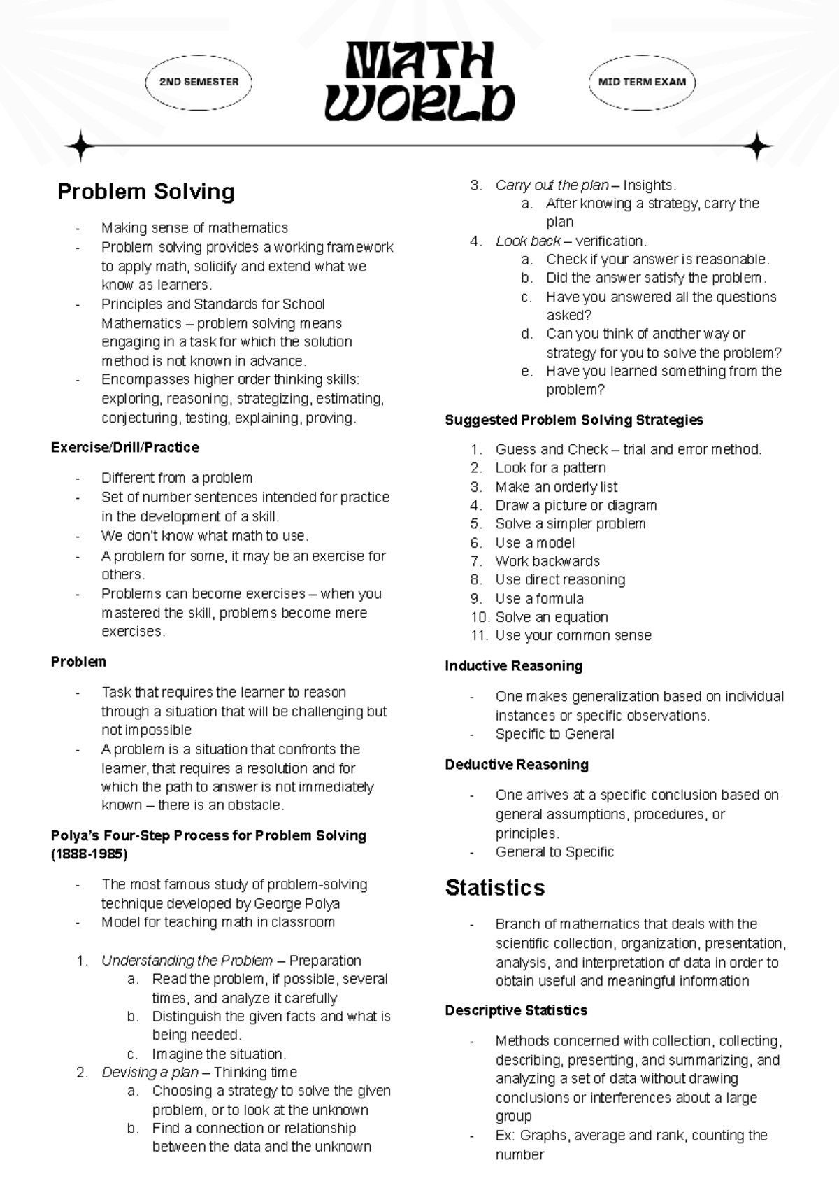 MMW Mid Terms Reviewer - Problem Solving Making sense of mathematics ...