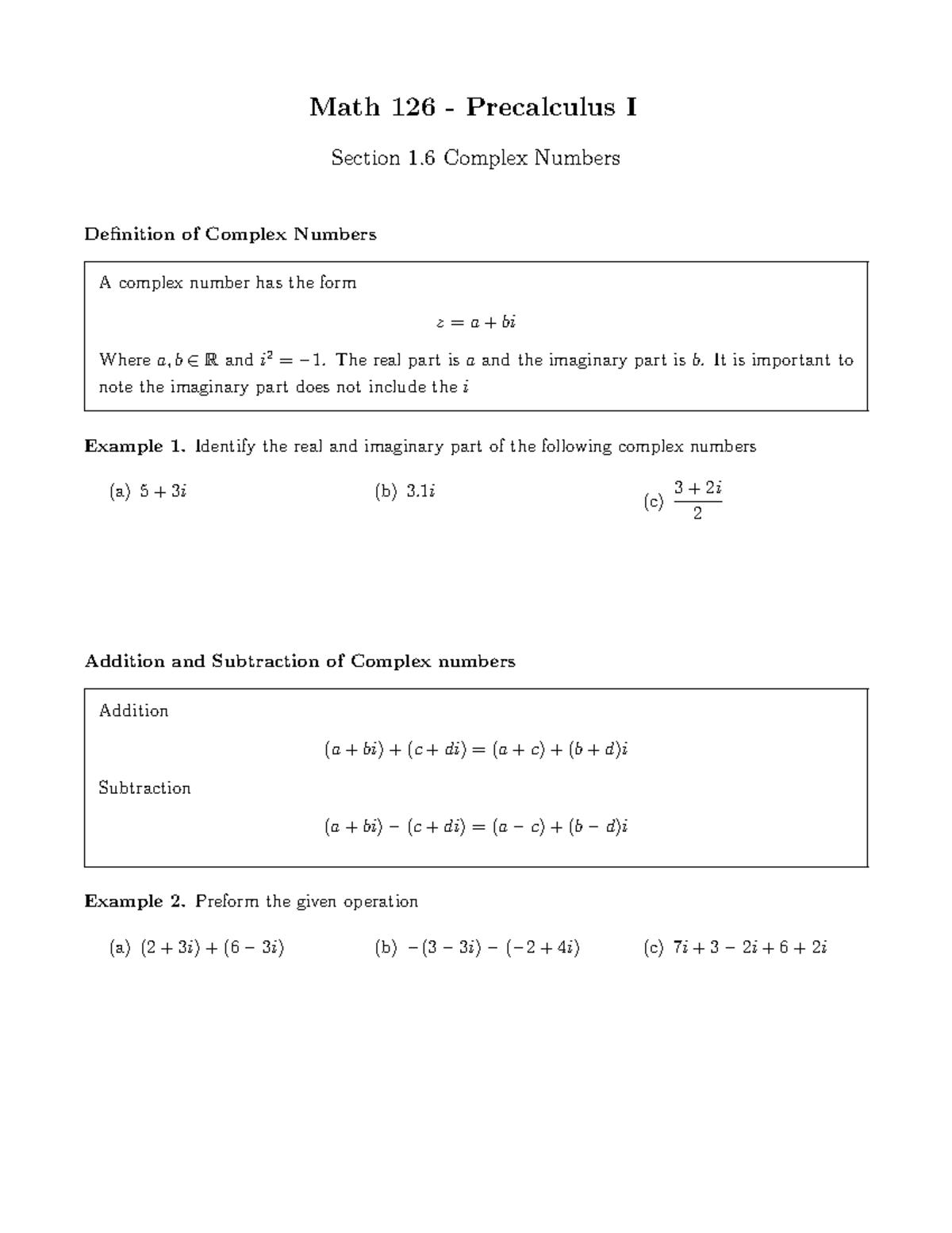 Math 126 Lecture Notes 1 - Math 126 - Precalculus I Section 1 Complex ...