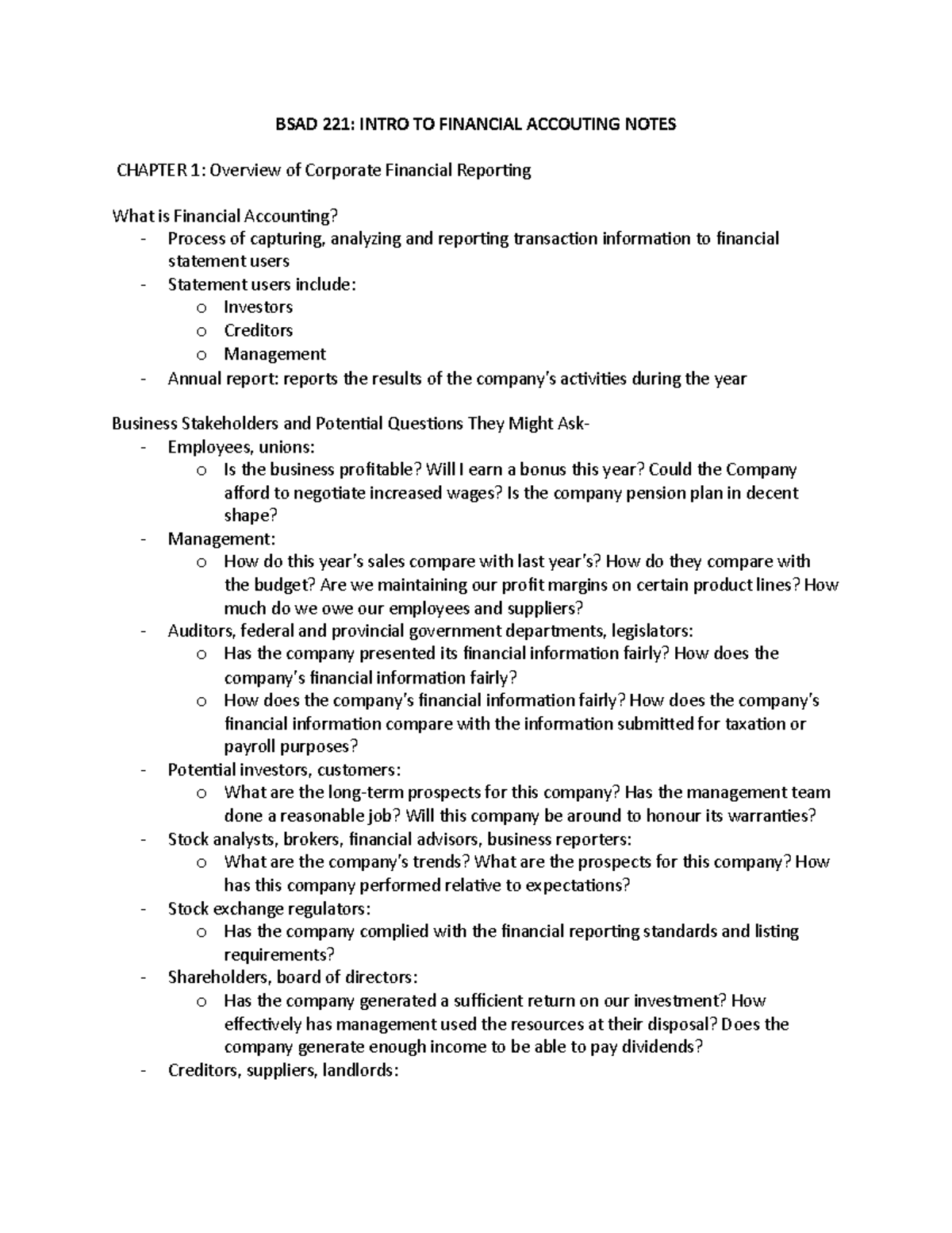 BSAD 221 Final notes - BSAD 221: INTRO TO FINANCIAL ACCOUTING NOTES ...