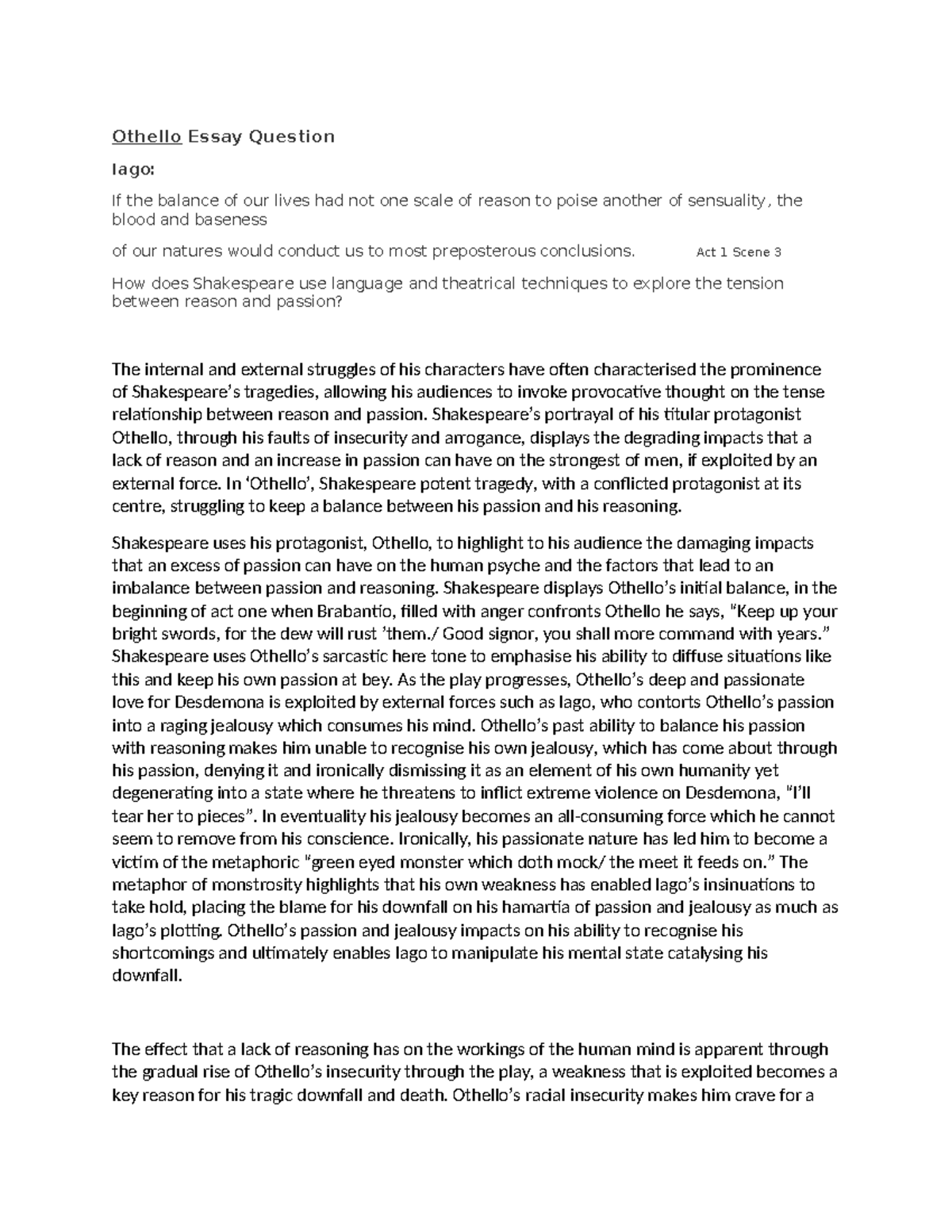 Othello - Act 1 Scene 3 How does Shakespeare use language and ...