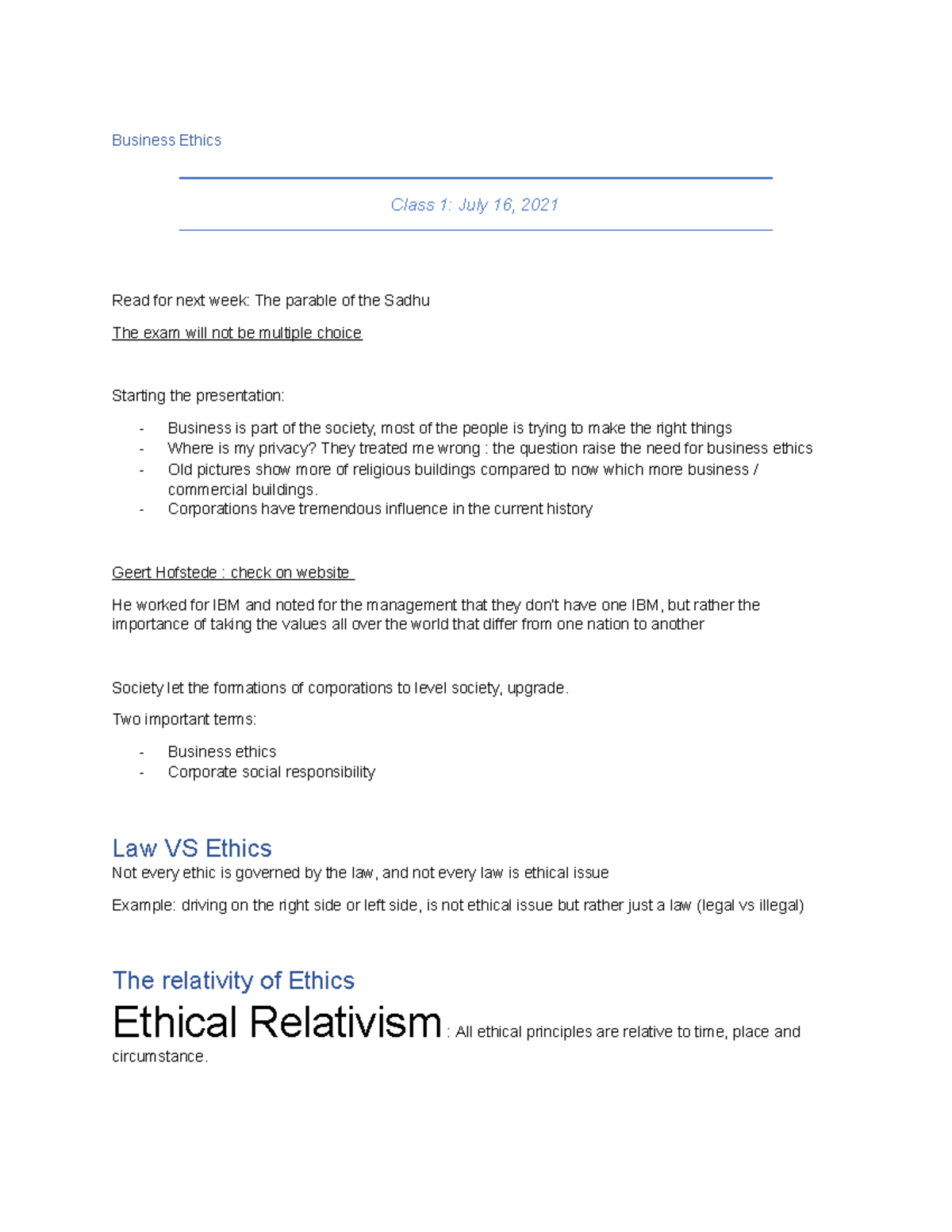 Business Ethics Class Notes Summary - Business Ethics Class 1: July 16 ...