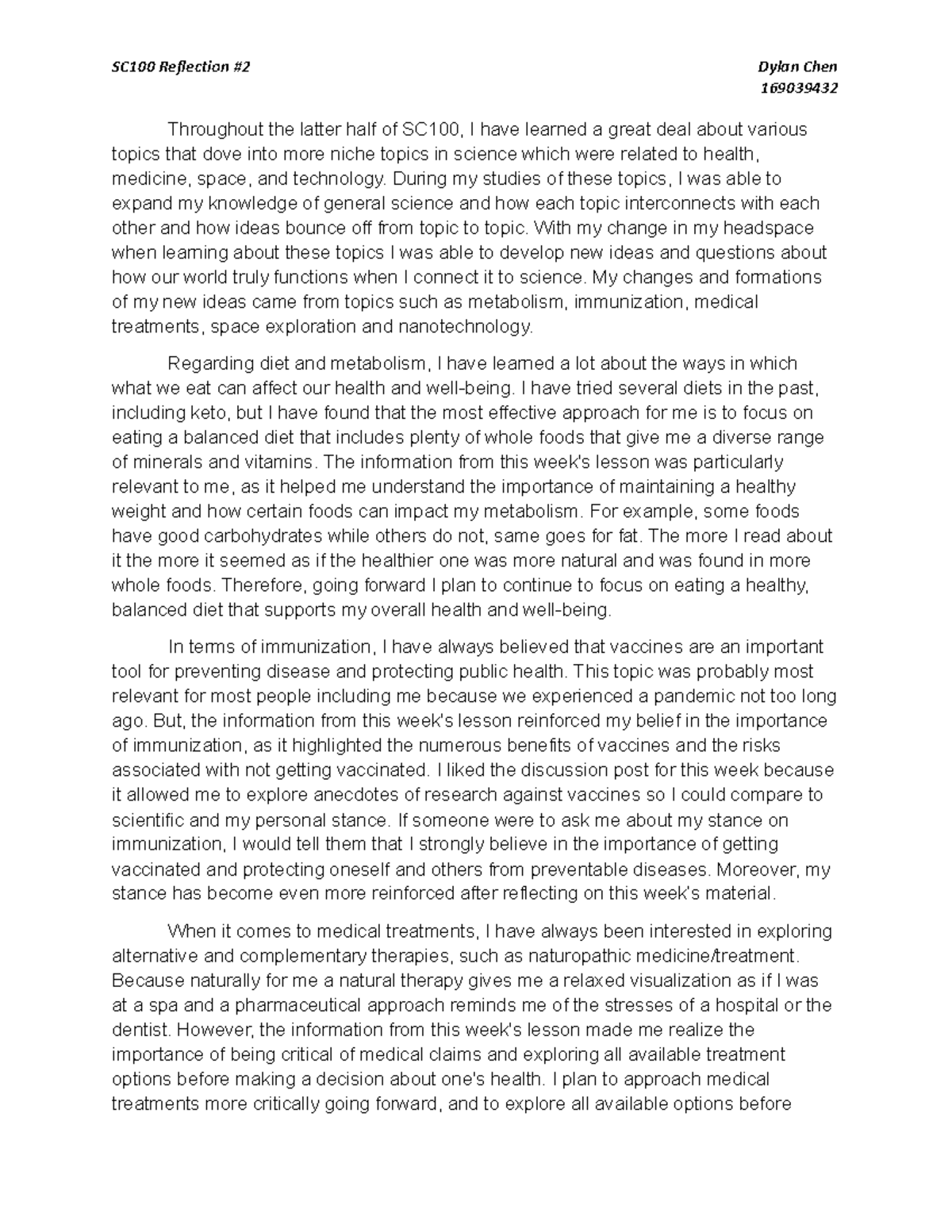 Dylan Chen Reflection Essay 2 - SC100 Reflection #2 Dylan Chen ...