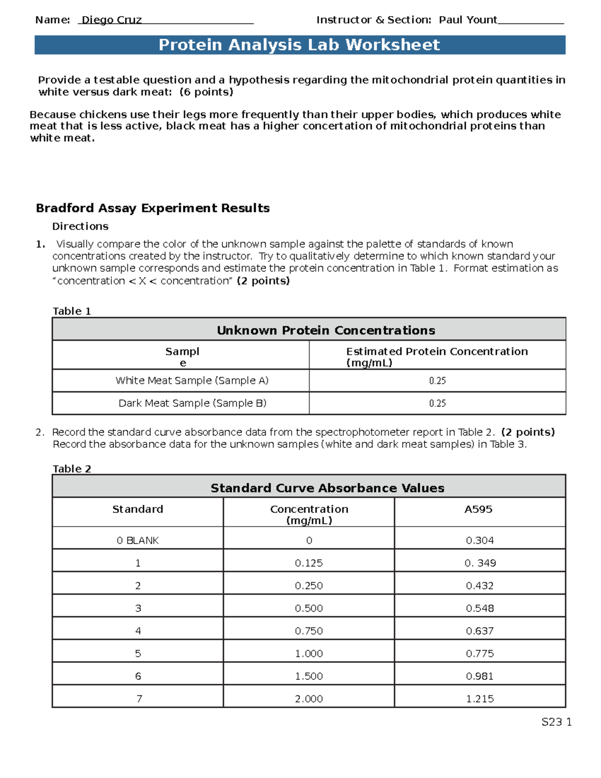 Protein Analysis Lab - Provide a testable question and a hypothesis ...