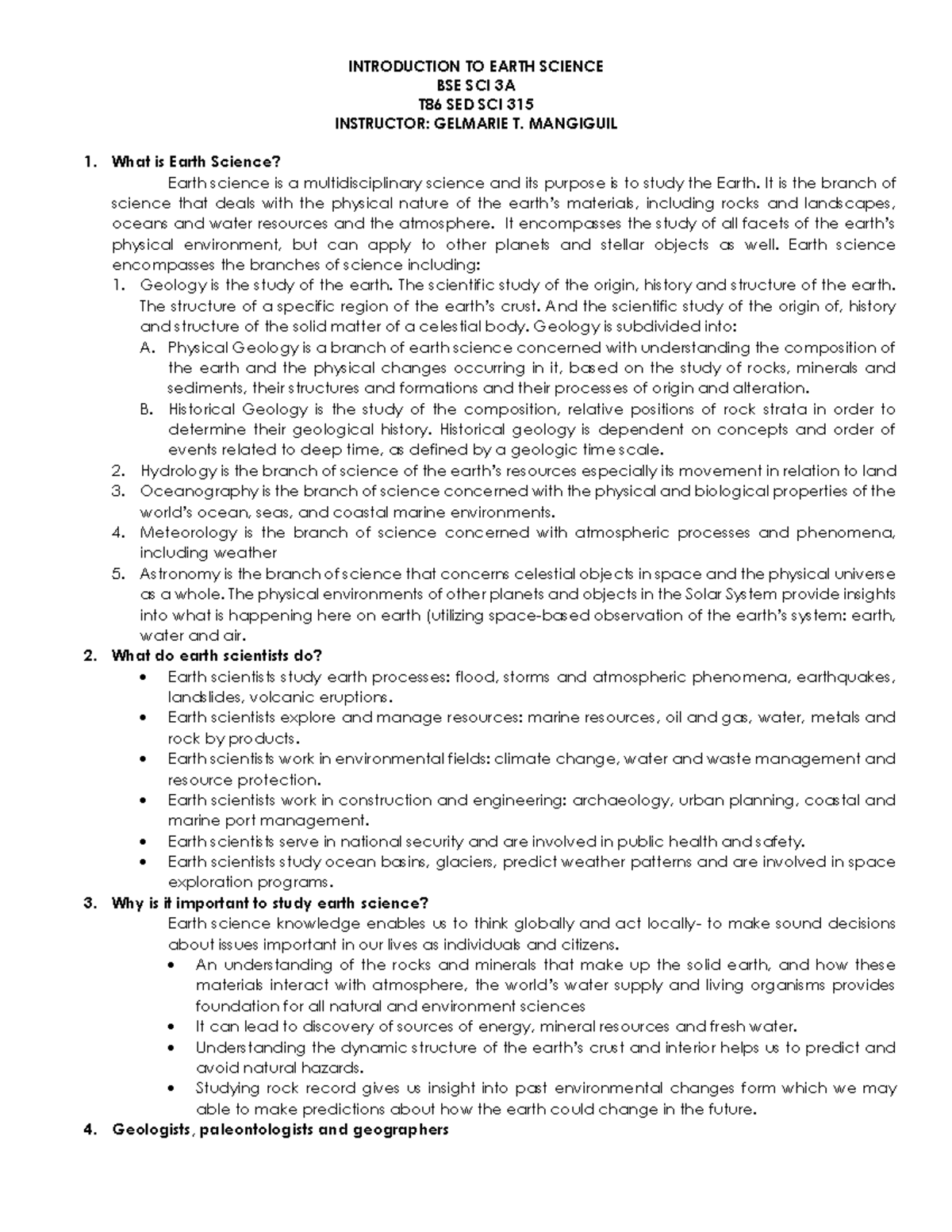 Introduction TO Earth Science - INTRODUCTION TO EARTH SCIENCE BSE SCI ...
