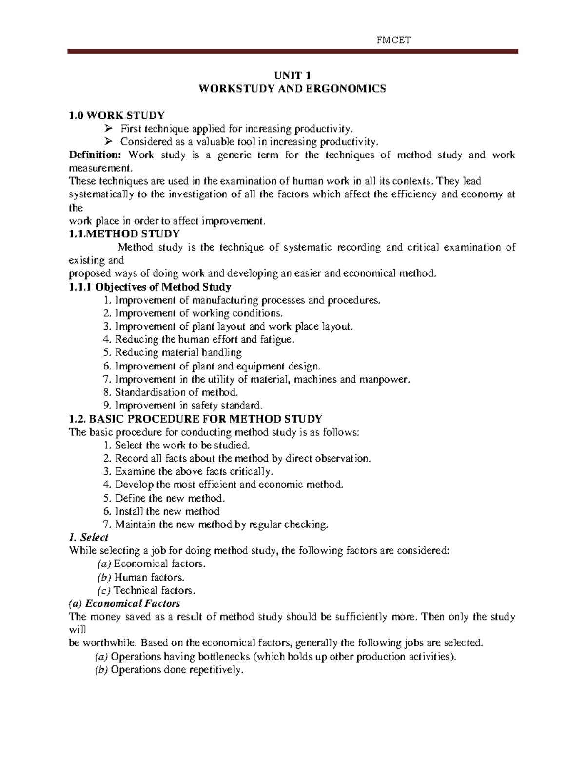 Work Study - UNIT 1 WORKSTUDY AND ERGONOMICS 1 WORK STUDY First ...