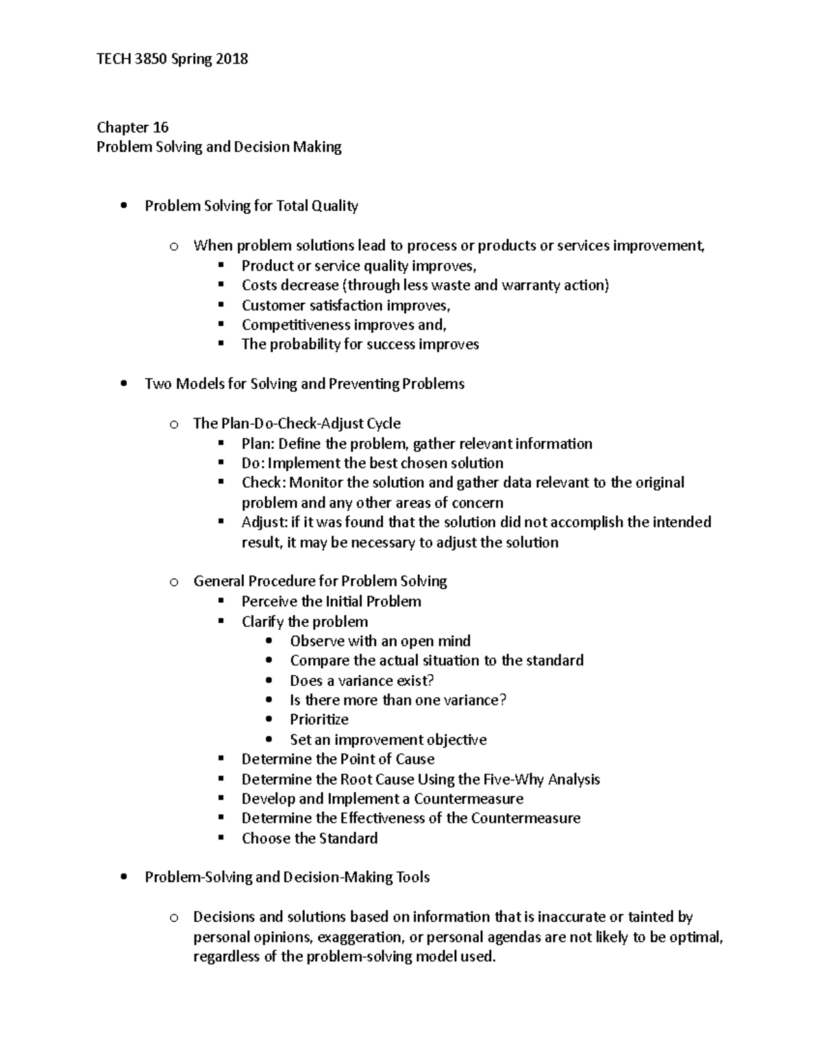Chapter 16 Notes - TECH 3850 Spring 2018 Chapter 16 Problem Solving and ...