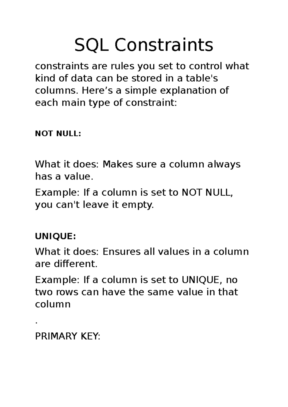 Notes sslslslslslslsl - SQL Constraints constraints are rules you set ...