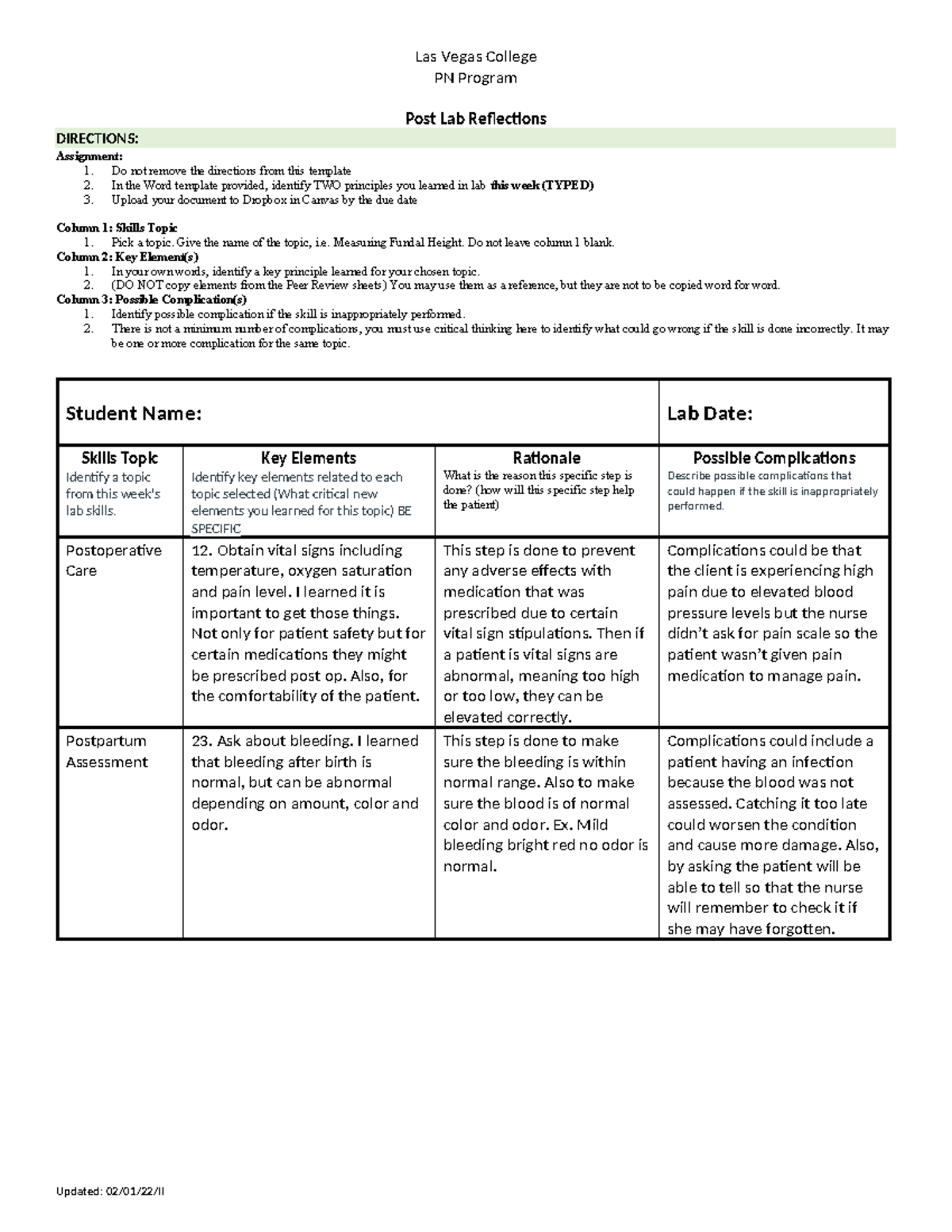 Zz Maternal- Child - Post Lab Reflections #1 - Las Vegas College PN ...