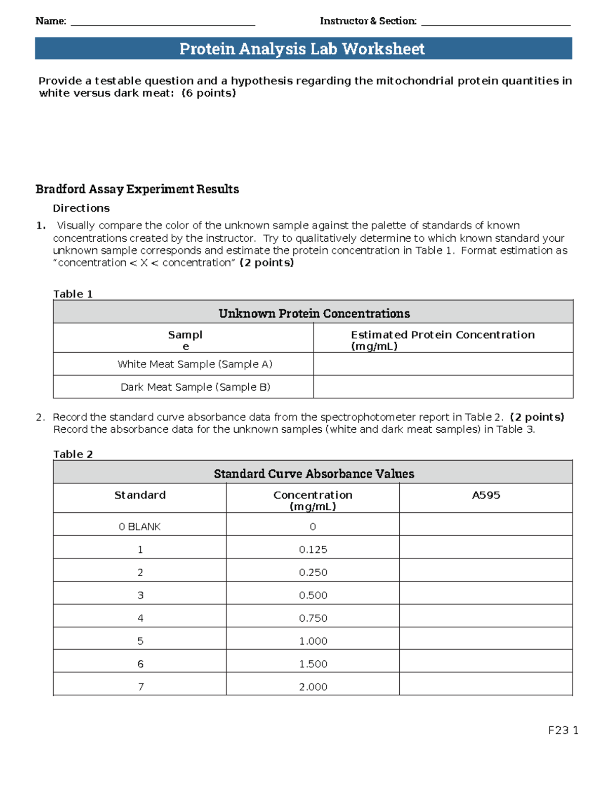 F23 Protein Analysis Worksheet - Name: Instructor & Section: Protein ...