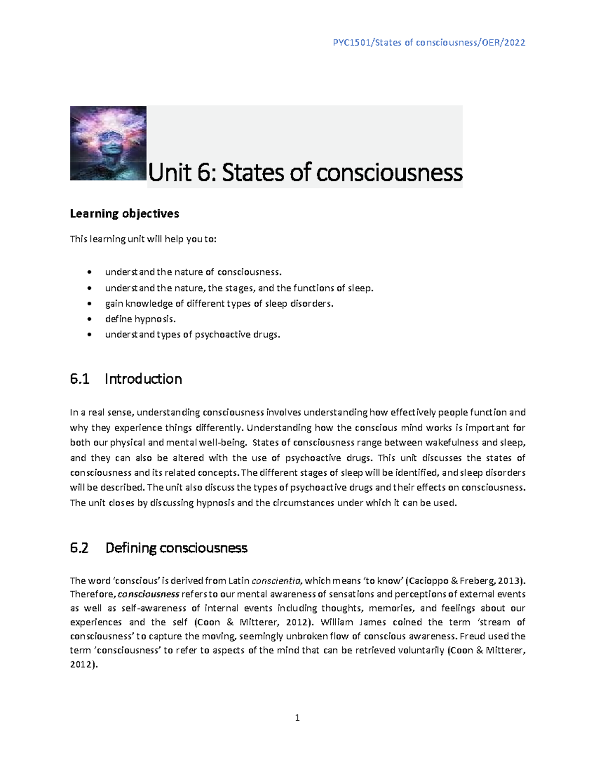 PYC1501 Unit 6 States of consciousness OER - 90104 - EMS - Unisa - Studocu