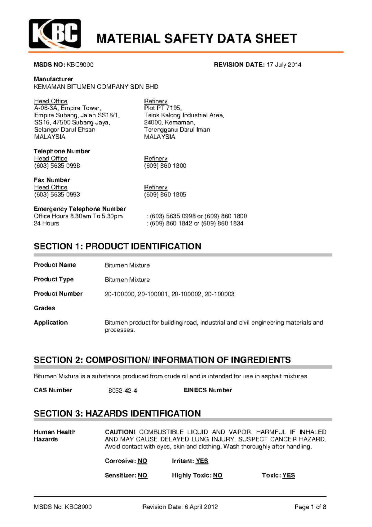 Material Safety DATA Sheet 23 - MATERIAL SAFETY DATA SHEET MSDS NO ...