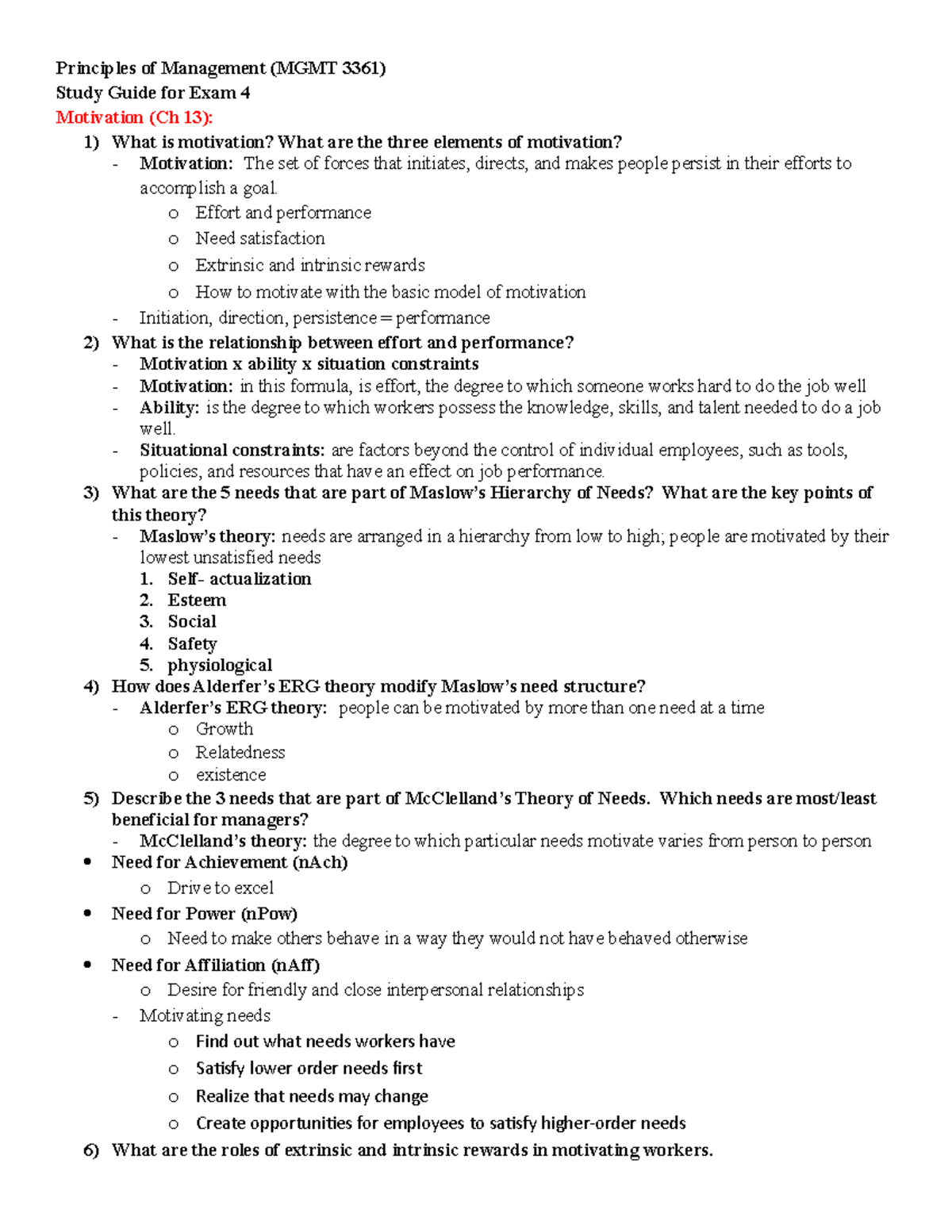 MGMT exam 4 - Study Guide exam 4 - Principles of Management (MGMT 3361 ...