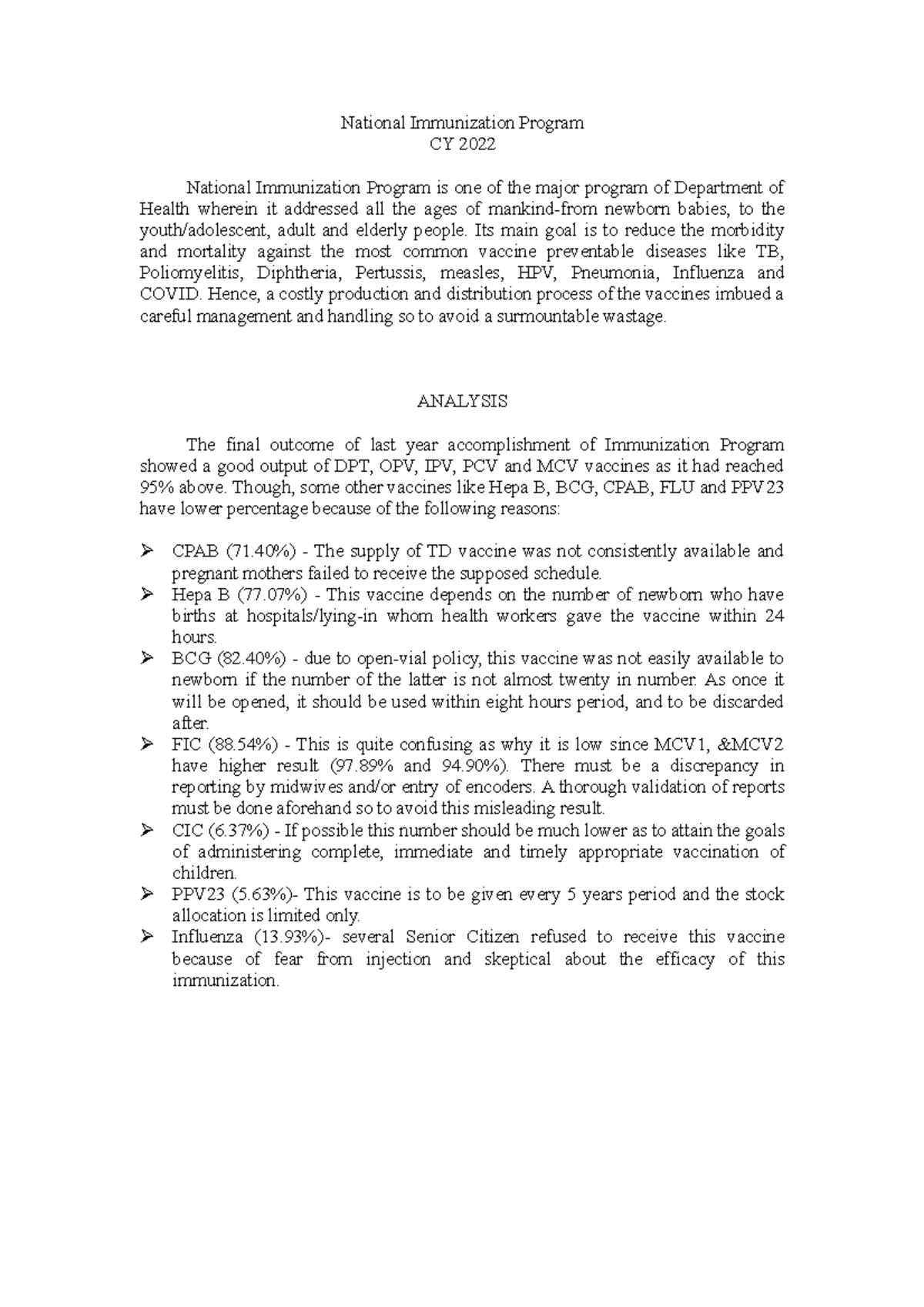 Analysis - National Immunization Program is one of the major program of ...