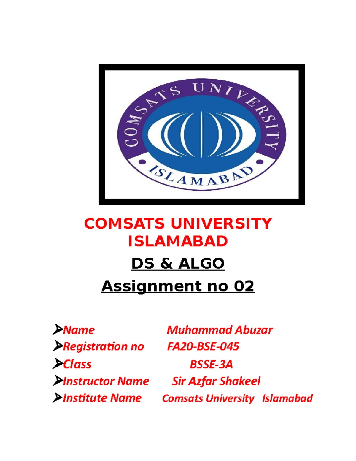 Data Structure And algorithms Assignment No 2 - COMSATS UNIVERSITY ISLAMABAD DS & ALGO - Studocu