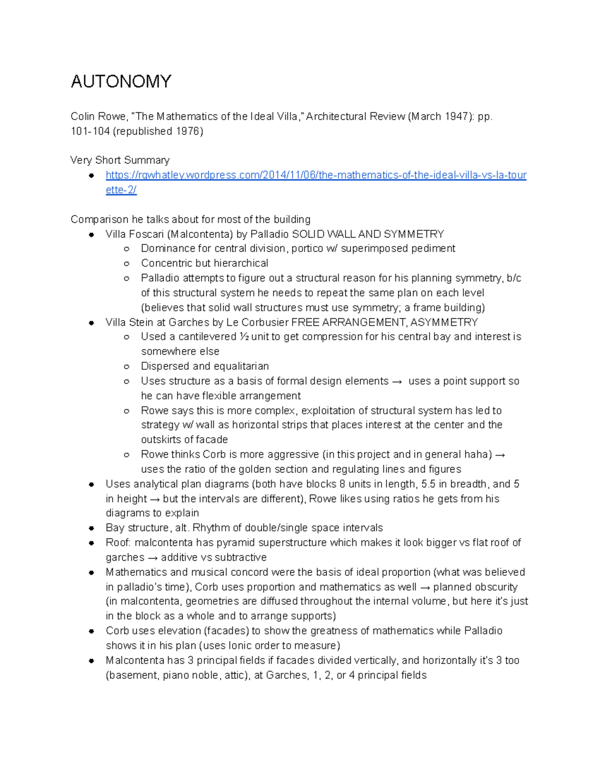 Week 9 Autonomy - Reading Notes - AUTONOMY Colin Rowe,