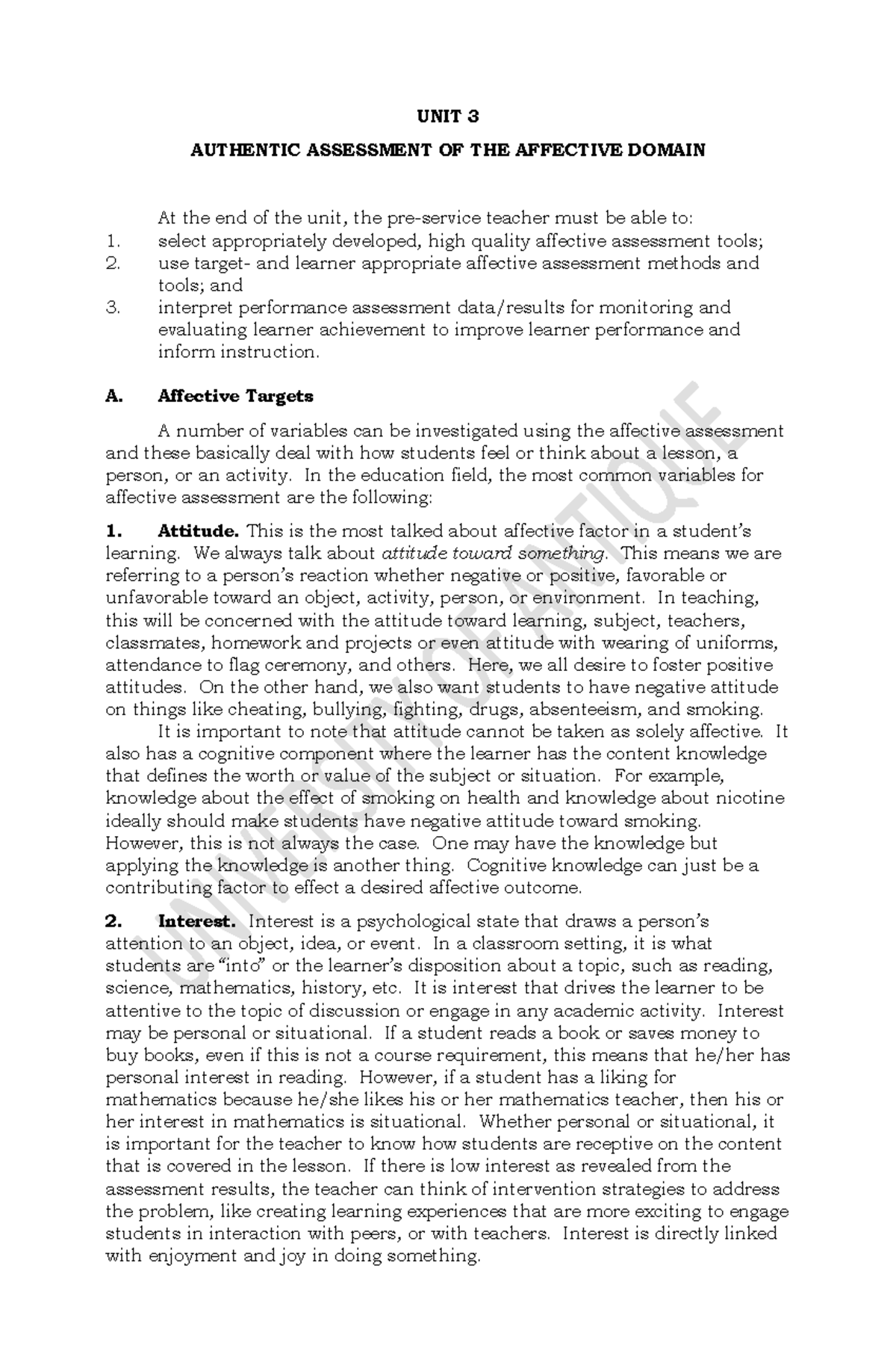 UNIT-3A - N/A - UNIT 3 AUTHENTIC ASSESSMENT OF THE AFFECTIVE DOMAIN At ...