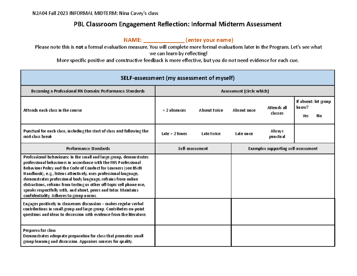 N2A04 Classroom Engagement Rubric Midterm - PBL Classroom Engagement ...