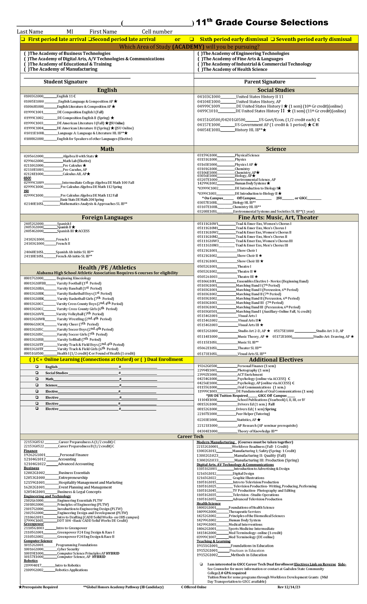 11th Grade Course Selection Sheets-2024 2025 - ( ) 11 th Grade Course ...