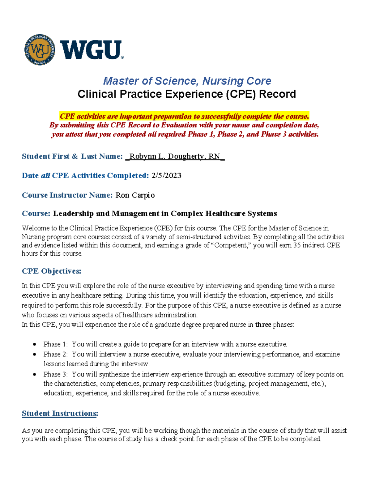 D030 CPE Record (18) - Passed - D 030 - WGU - Studocu