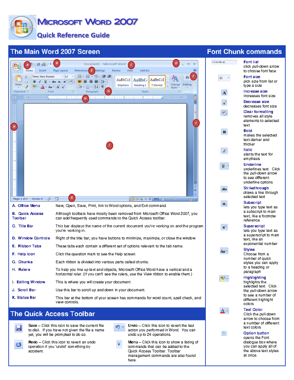 MSWord 2007 Quick Reference Guide - The Main Word 2007 Screen Font ...