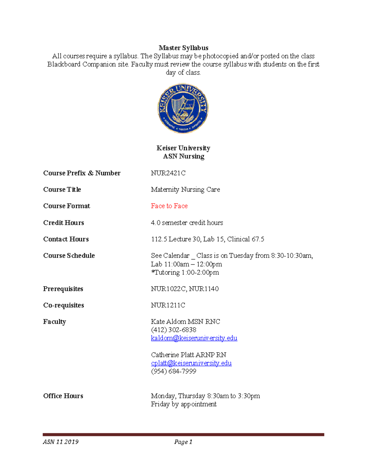 NUR2421C MS Maternity Nursing 1-2020 - Master Syllabus All courses ...