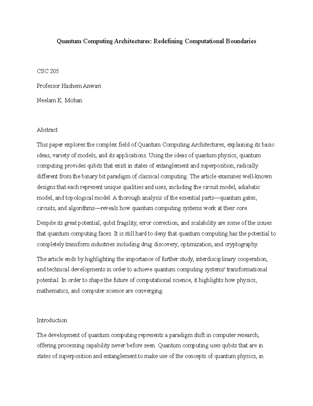 Research paper - Quantum Computing Architectures: Redefining ...