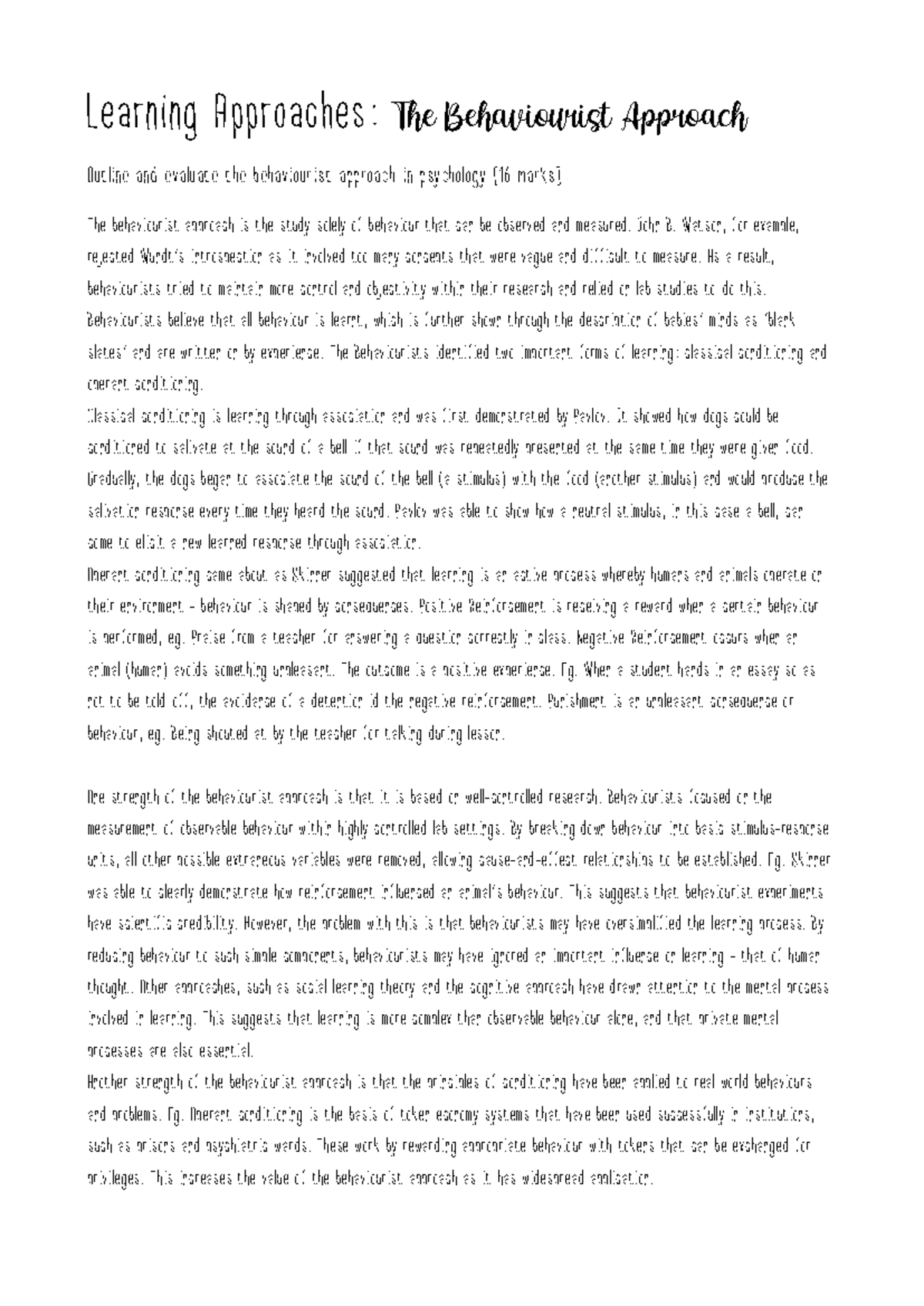 Essay - The Behaviourist Approach - Learning Approaches: The ...