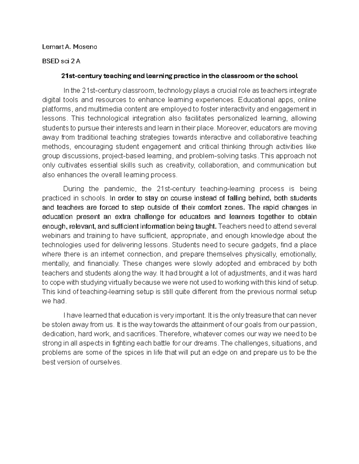 Oba1 - assessment Learning - Lemart A. Moseno BSED sci 2 A 21st-century teaching and learning ...