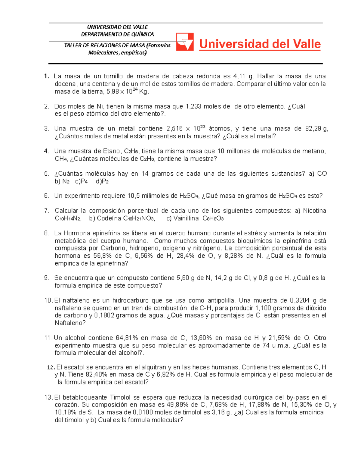 Taller Capitulo 6 - Formulas Quimicas Y Estequiometria DE Composicion - UNIVERSIDAD DEL VALLE ...