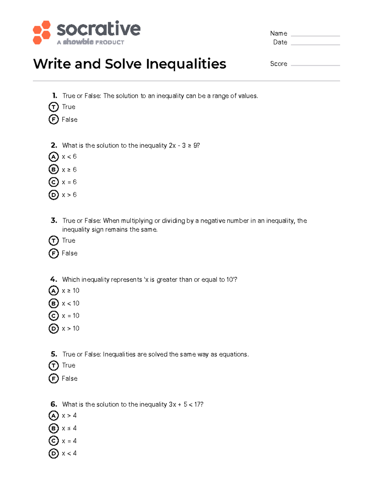 Quiz Write and Solve Inequalities - Name Date Write and Solve ...