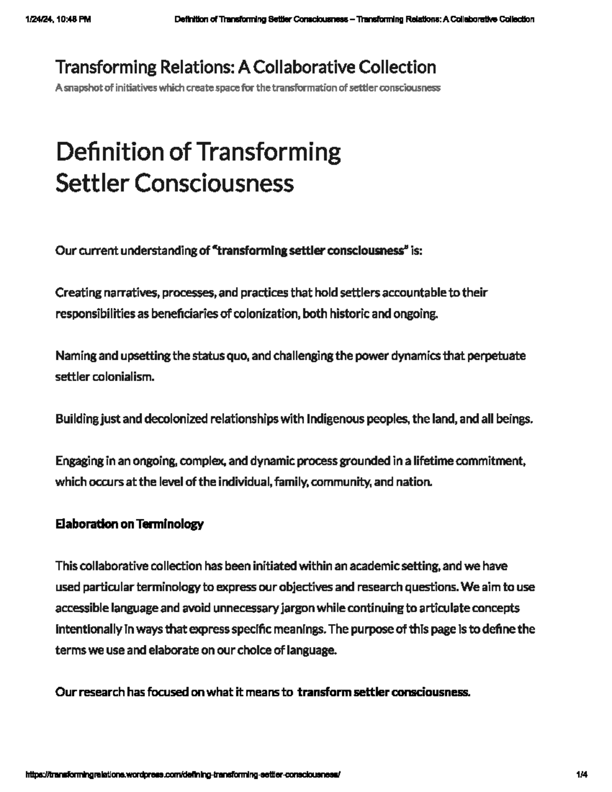 Definition of Transforming Settler Consciousness - Ca135 - Studocu