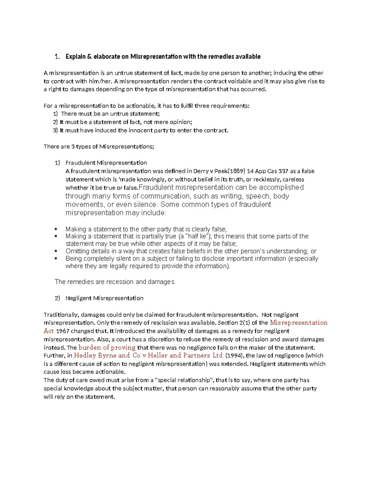 Contract Law mock paper - 1. Explain & elaborate on Misrepresentation ...